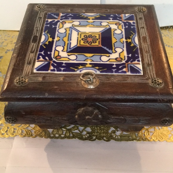 Storage & Organization | Vintage Wooden Ornate Storage Box With Tile ...